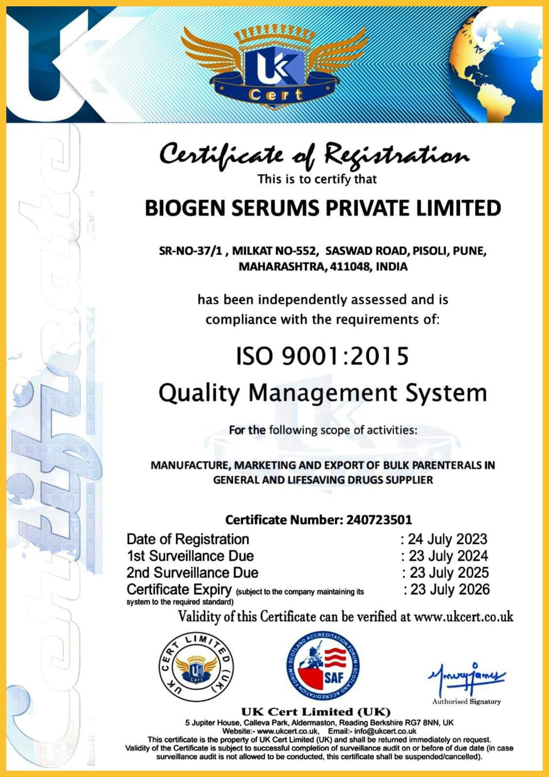 Certificates – Biogen Serums Pvt. Ltd.